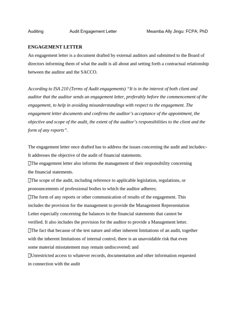 Audit Engagement Letter Overview | PDF