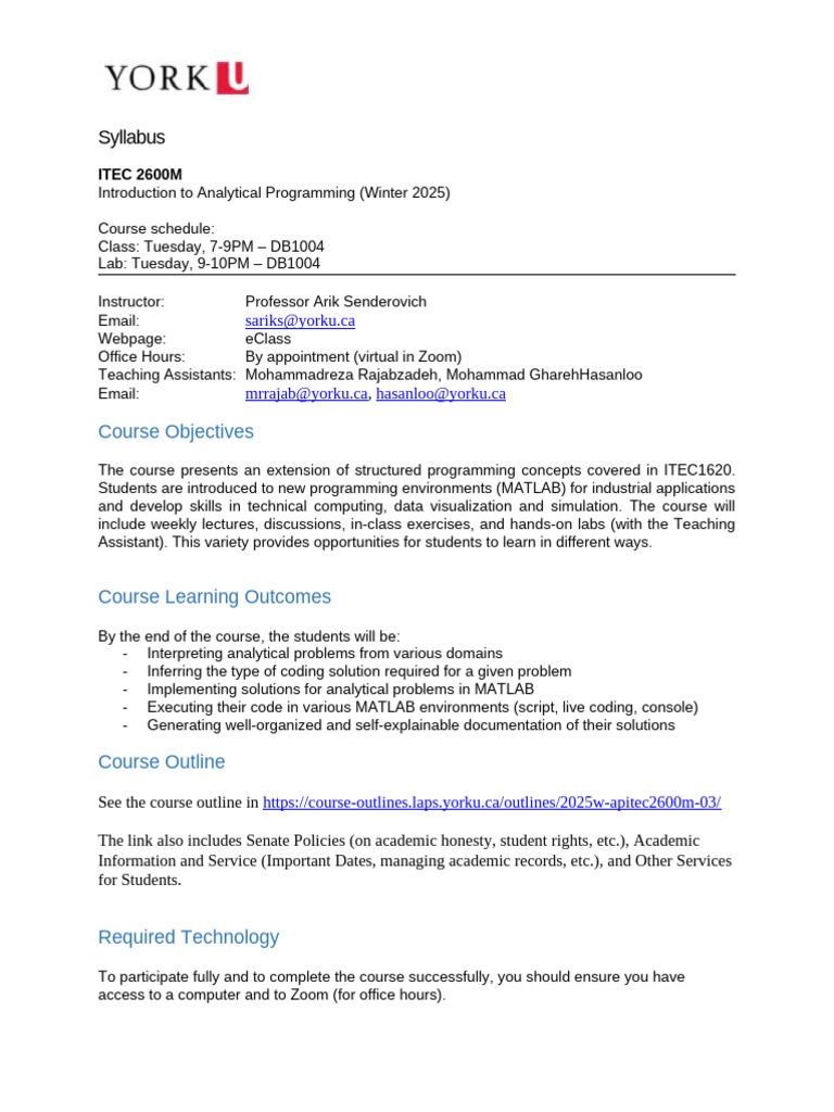 ITEC2600M Syllabus Final | PDF | Matlab | Computer Programming