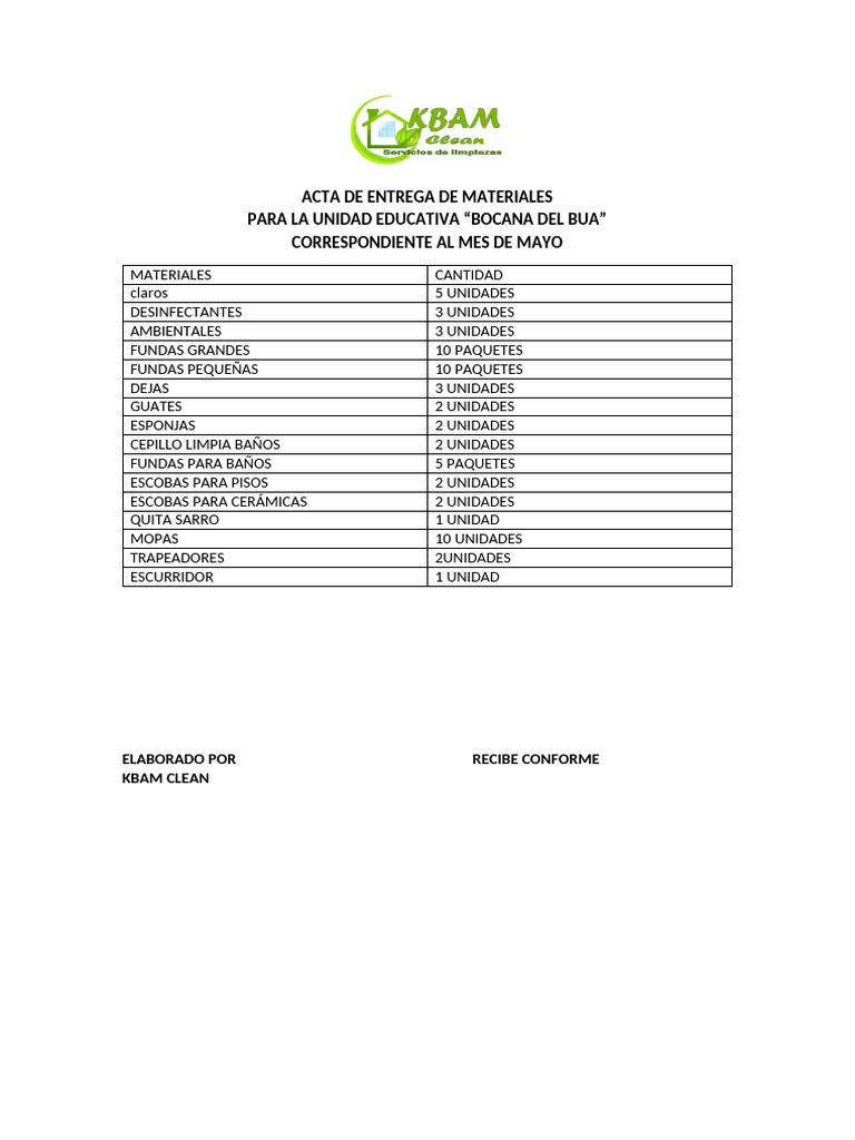 ACTA DE ENTREGA DE MATERIALES | PDF
