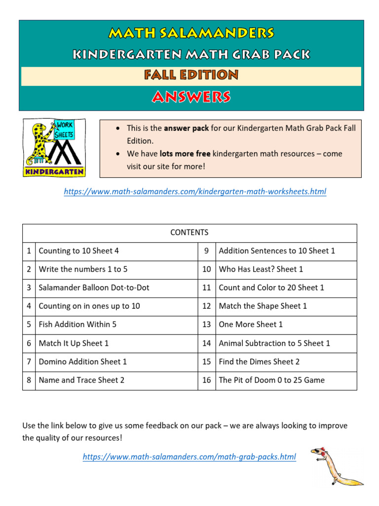 Kindergarten Math Grab Pack Fall Ans | PDF