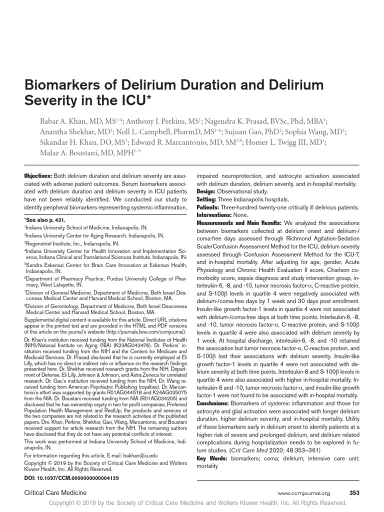 Biomarkers of Delirium Duration and Delirium Severity in The ICU - 2020 ...
