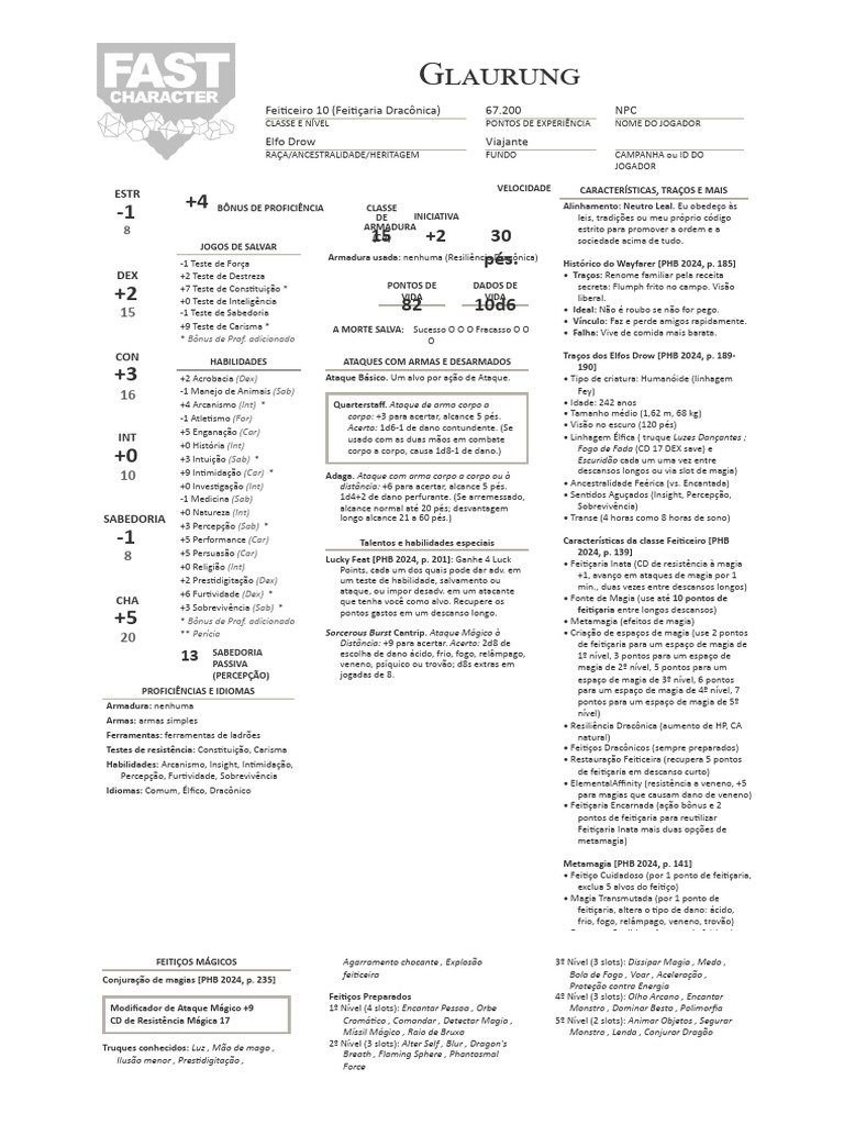 Feiticeiro Dracônico Elfo Drow Nível 10 | PDF | Dungeons & Dragons (jogo)