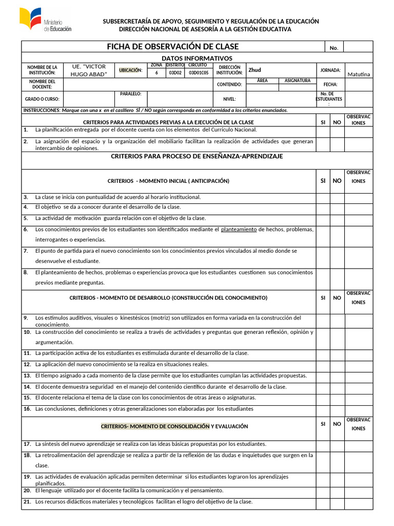 Ficha de Observación de Clase | PDF | Maestros | Evaluación