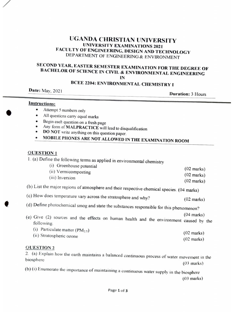 Environmental Chemistry Exam 2021 | PDF | Chlorofluorocarbon | Oxide