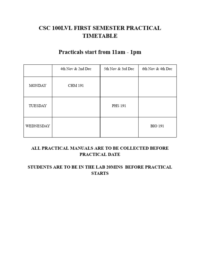 Csc 100lvl 1st Semester Practical Timetable 24-25 | PDF