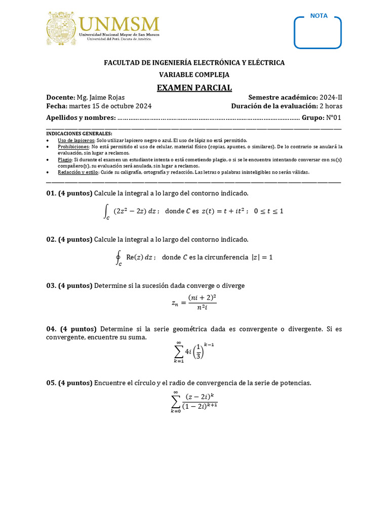 Examen Parcial, Variable COMPLEJA, 2024-II | PDF | Integral | Objetos matemáticos