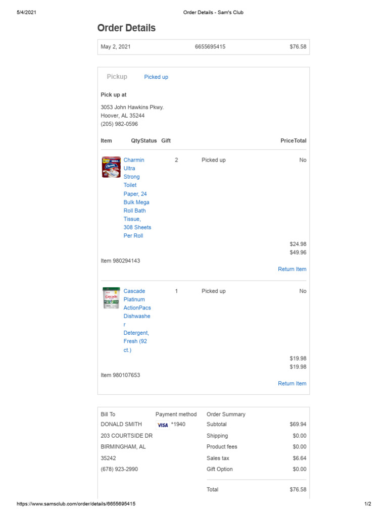 Sam's Club Order Summary for Donald Smith | PDF
