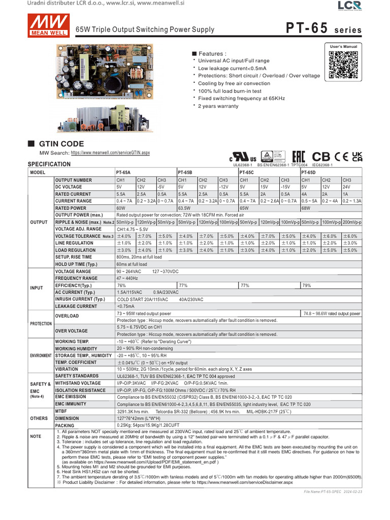 PT-65-spec | PDF | Power Supply | Electric Power