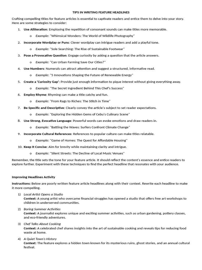 Writing Feature Headlines | PDF