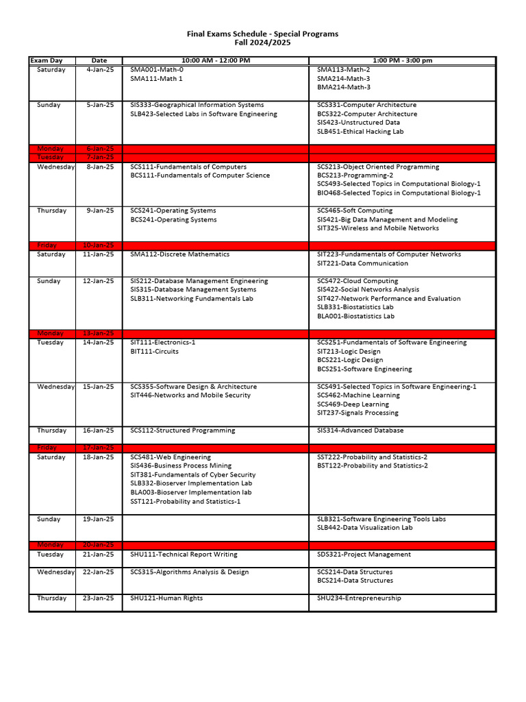 Special Programs Final Exam Schedule - v3 | PDF | Engineering | Computing