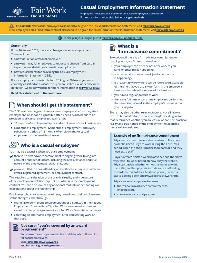 Fair Work - Casual Employment Information Statement | PDF | Employment ...