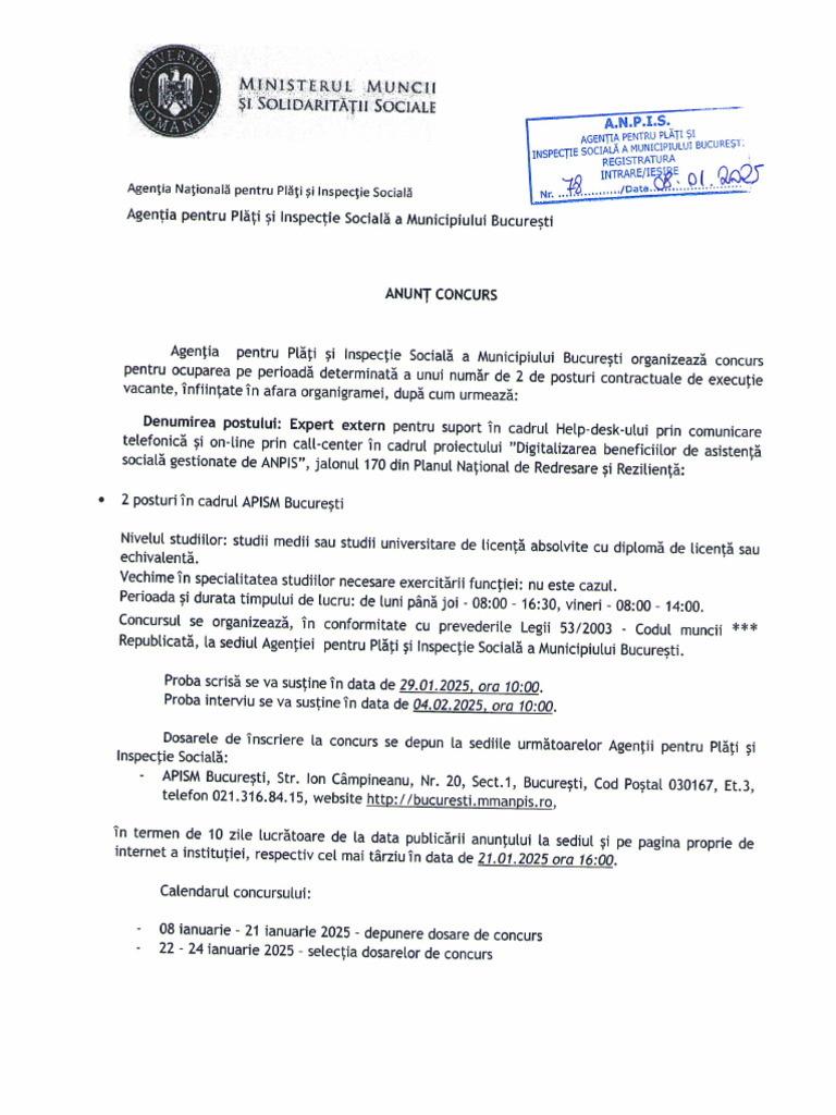 Anunt Concurs Call Center Ianuarie 2025 | PDF