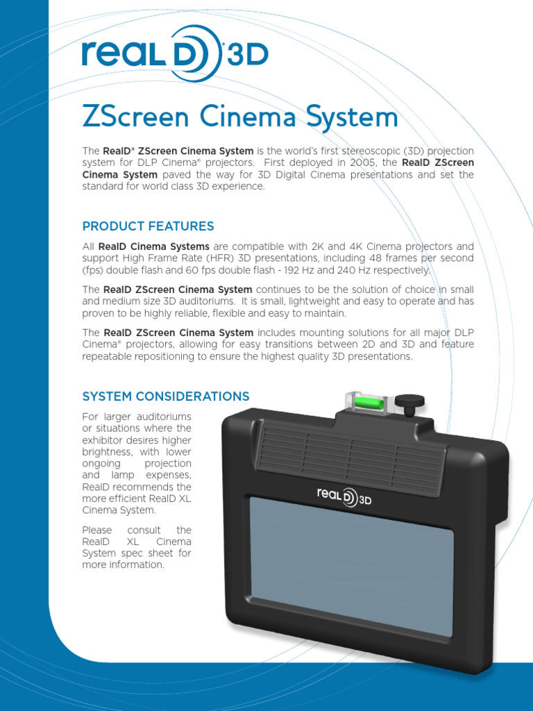 RealD ZScreen Tech Sheet v1.3 | PDF | 3 D Film | Frame Rate