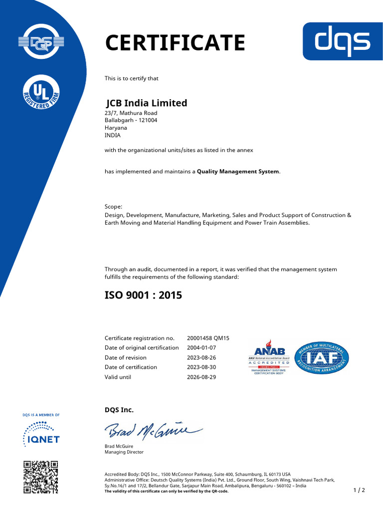 JCB India Limited - CERTIFICATE - English - 2023-08-30 - QM15 | PDF
