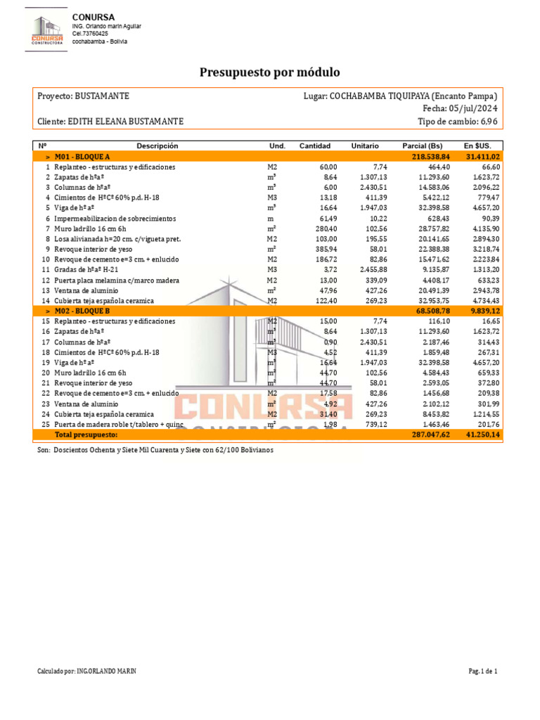 Presupuesto Proyecto Bustamante | PDF | Elementos arquitectónicos | Diseño arquitectonico