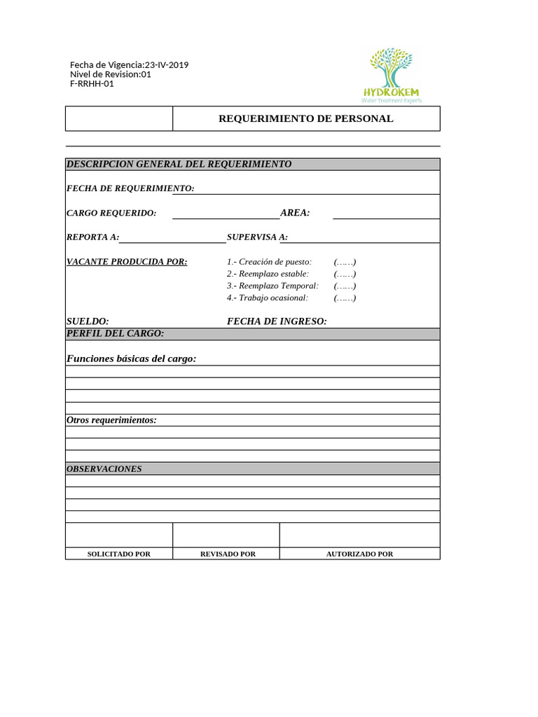 F-RRHH-01 Requerimiento de Personal | PDF