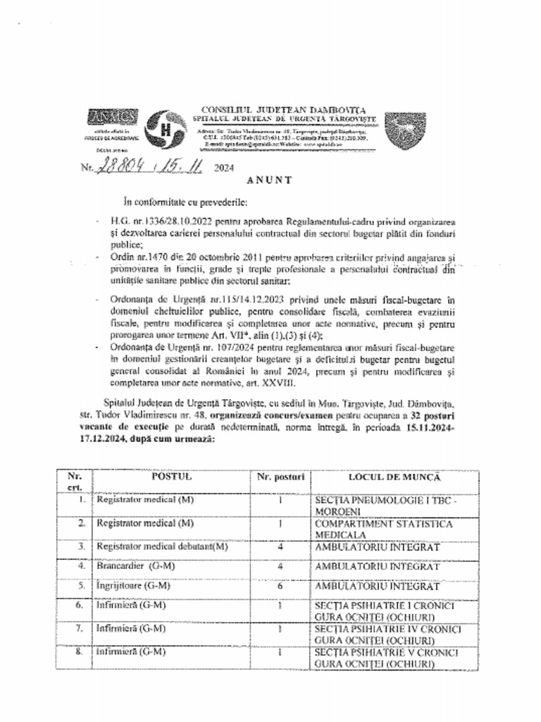 Anunt Concurs Personal Mediu Sanitar Si Auxiliar Sanitar | PDF