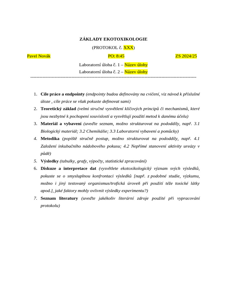 Protokol k laboratorní úloze_vzor_ZAKL_EKOTOX | PDF