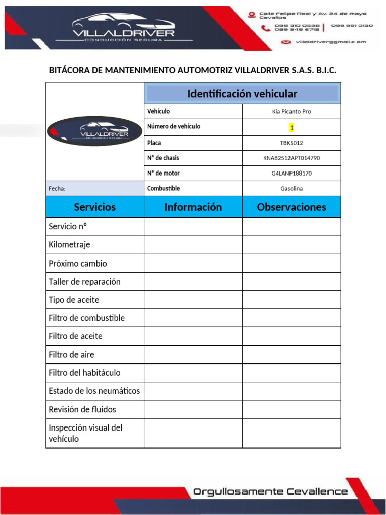 AUTO 1 BITACORA DE MANTENIMIENTO | PDF