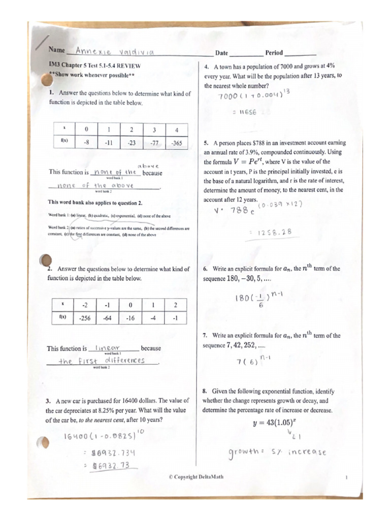 Im3 Chapter 5 Test 5.1-5.4 Review | PDF