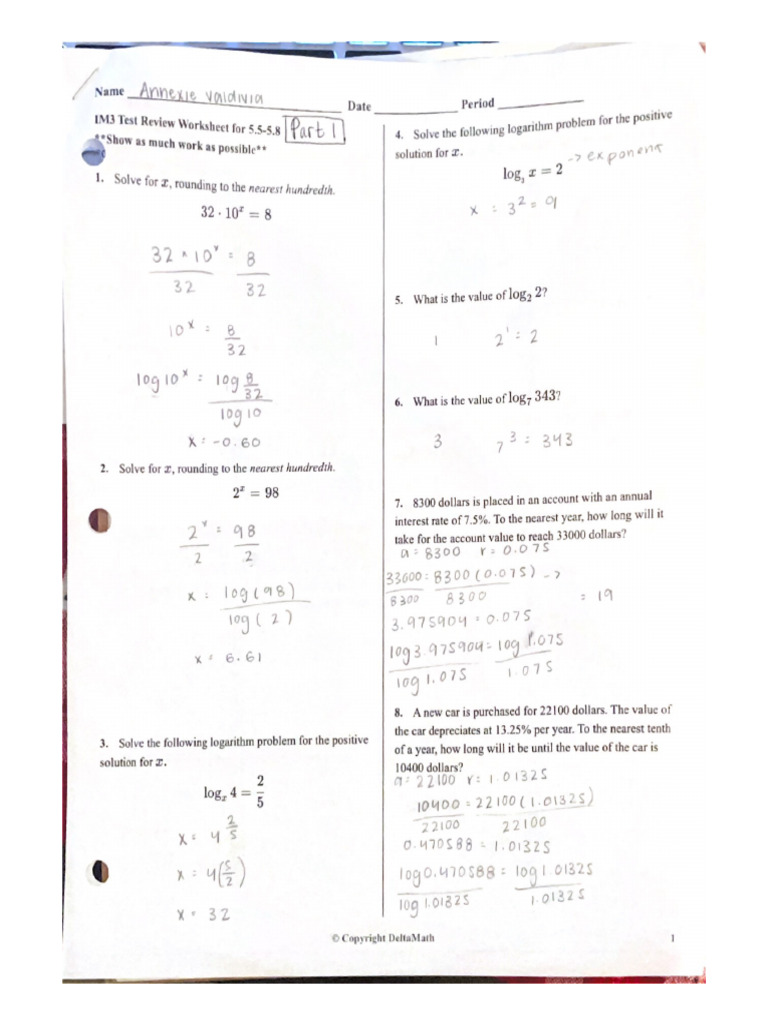 IM3 Test Review Worksheet For 5.5-5.8 | PDF