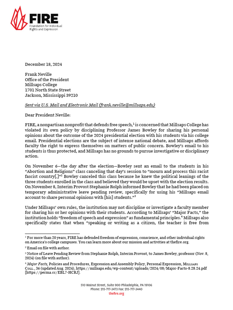 FIRE Letter To Millsaps College, December 18, 2024 | PDF | First ...