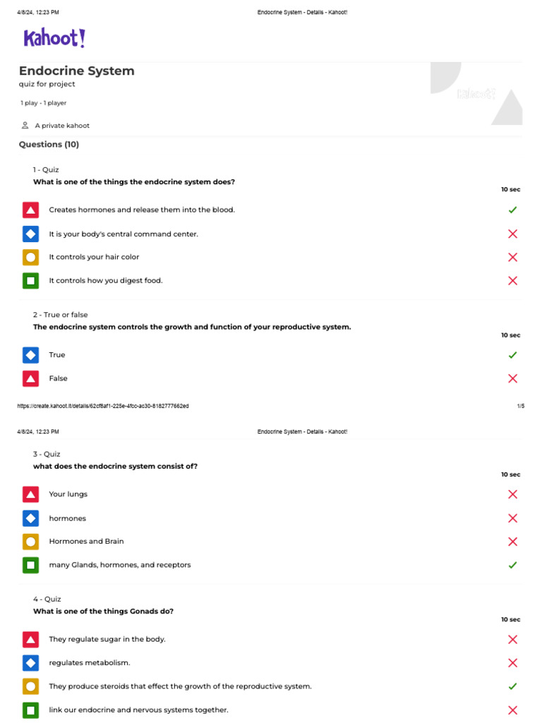 Endocrine System Kahoot Quiz | PDF | Endocrine System | Hormone