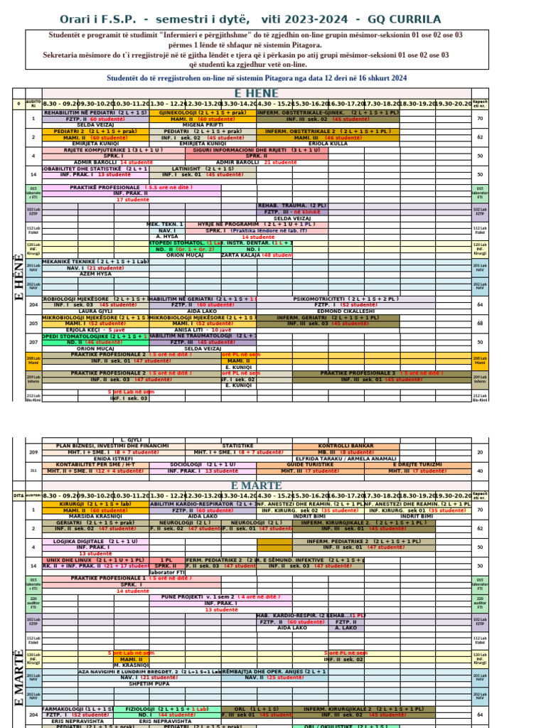 Orar FSP Semestri 2 Viti 2023 2024 GQ Currila Web | PDF