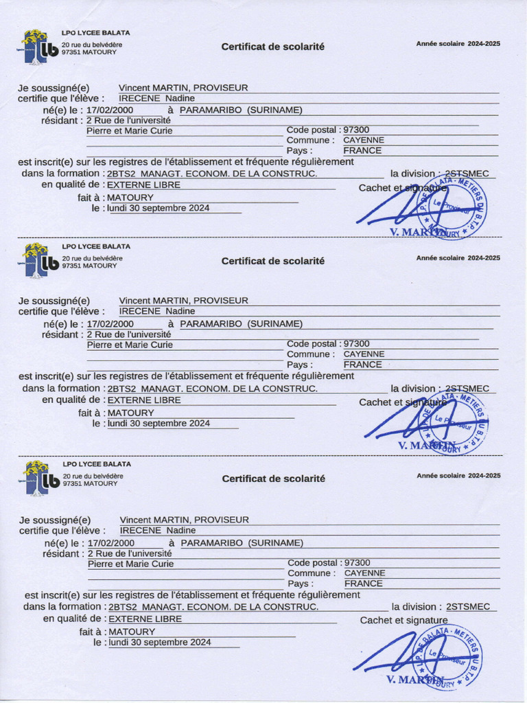 Certificat de Scolarité 2024-2025 | PDF