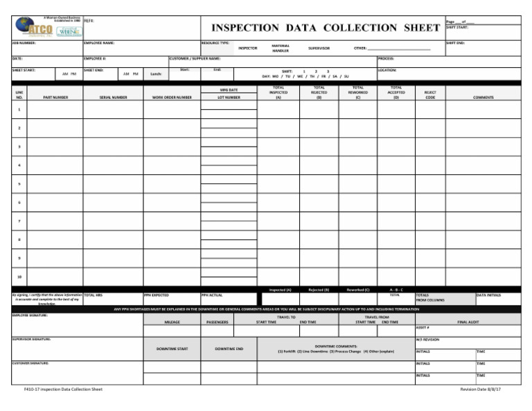 F410-17 Inspection Data Collection Sheet 8-8-17 | PDF