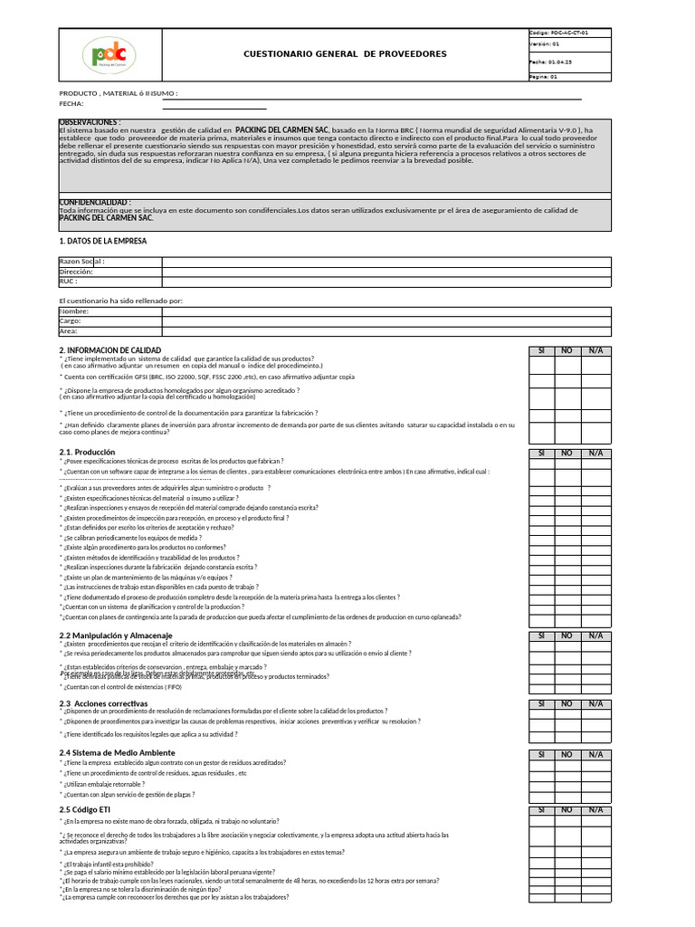 Pdc-Ac-ct-01 Cuestionario General de Proveedores | PDF | Calidad ...