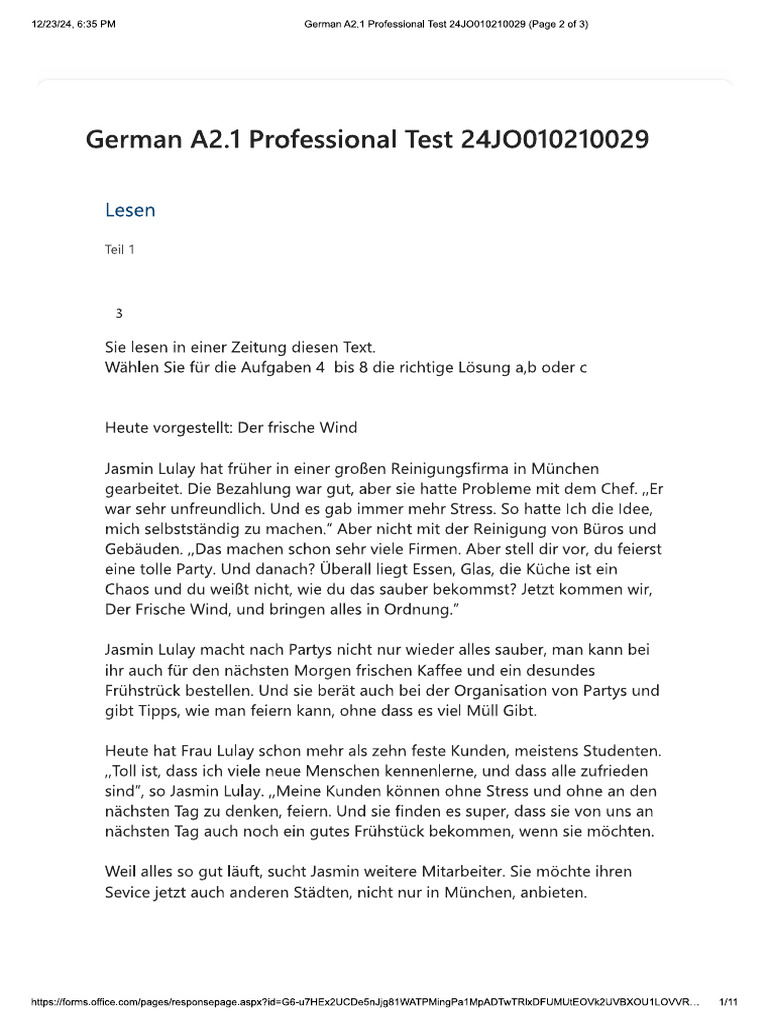 German A2.1 Professional Test 24JO010210029 Qais Page 2 | PDF