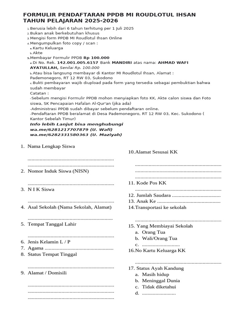 Formulir Pendaftaran PPDB Mi Roudlotul Ihsan Tahun Pelajaran 2025 | PDF