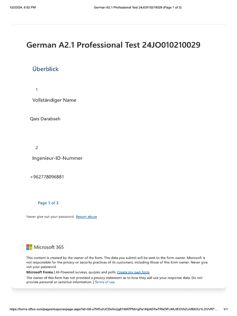 German A2.1 Professional Test 24JO010210029 Qais Page 1 | PDF