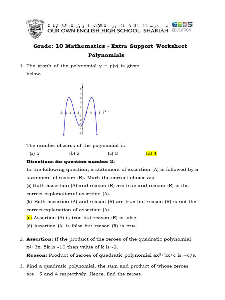 10th Grade Polynomials Support Worksheet | PDF