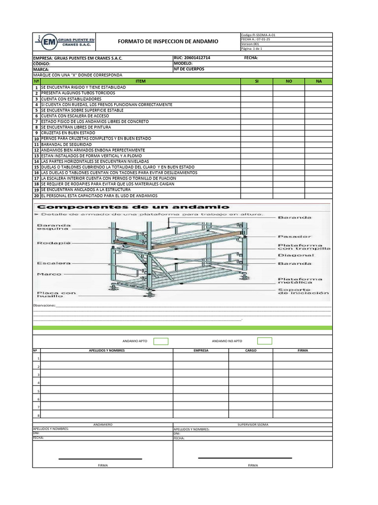 Formato de Inspeccion de Andamio | PDF