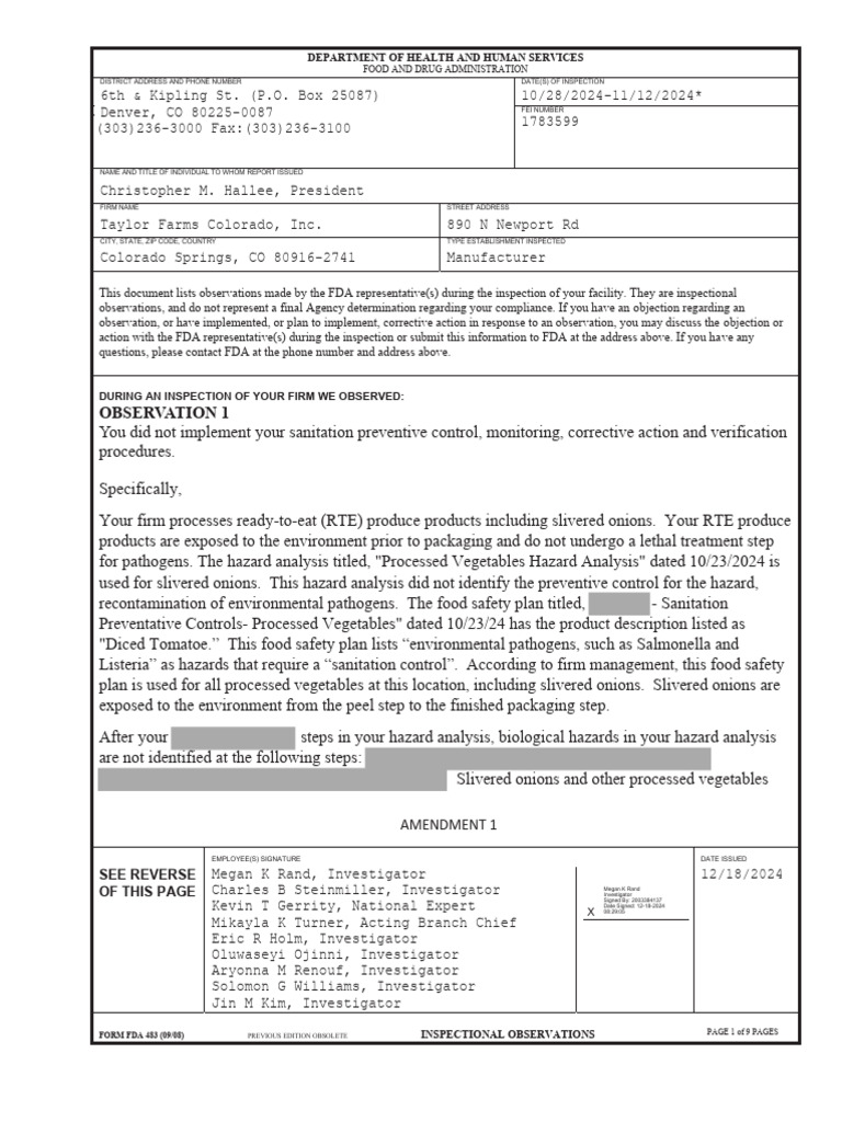 FDA Inspection Report For Taylor Farms Colorado, Inc. | PDF