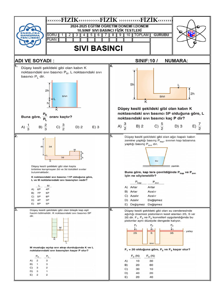 2023.2024 10.Sınıf-1.Dönem 22 Soruluk SIVI BASINCI | PDF