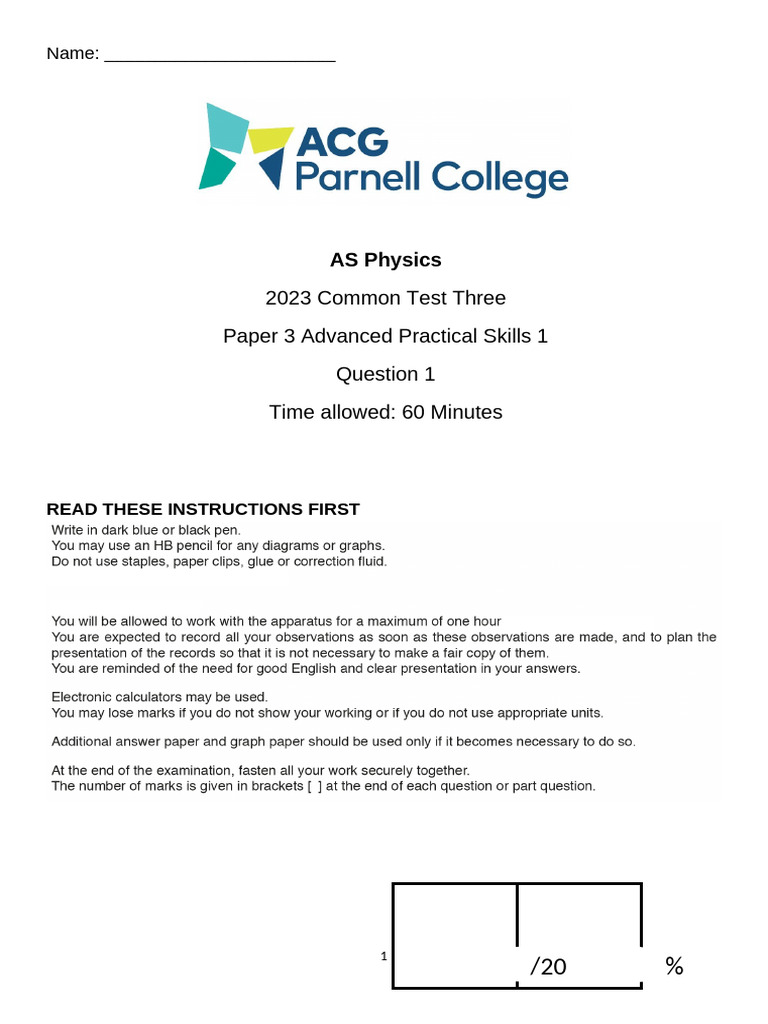 2023 Common Test Three Paper 3 Advanced Practical Skills 1 Time Allowed ...