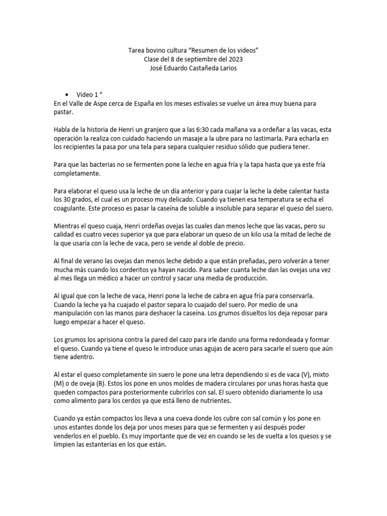 Resumen Videos Bovinocultura | PDF | Queso | Mantequilla