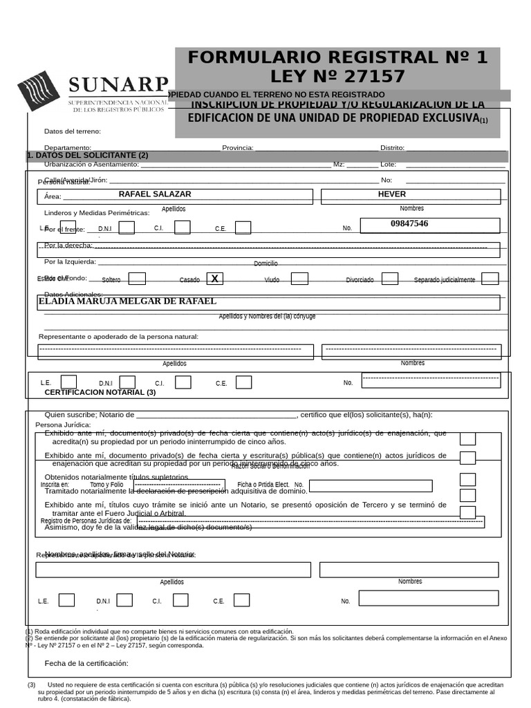 SUNARP LEY 27157 FORMULARIO 1 | PDF | Derecho Civil (Common Law) | Ley común