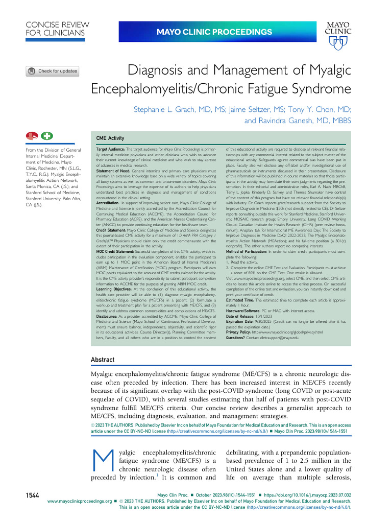 Diagnosis and Management of Myalgic Encephalomyelitis-Chronic Fatigue ...