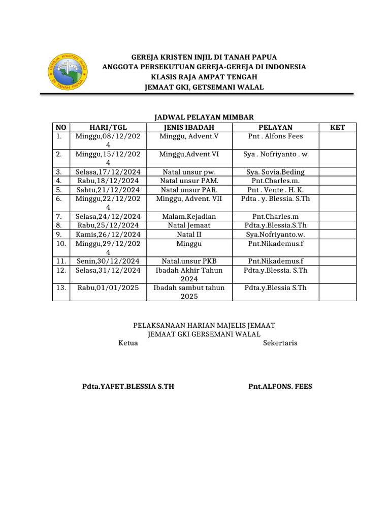 Jadwal Ibadah GKI Walal 2024 | PDF