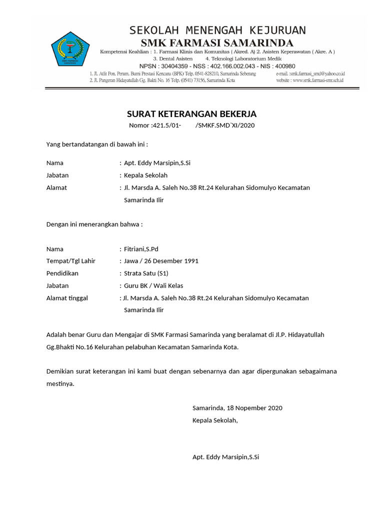Contoh Surat Keterangan Kerja | PDF