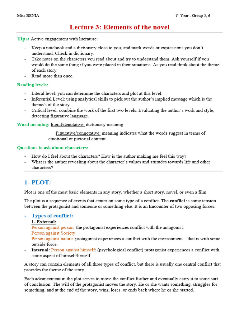Lecture 3 - Elements of the Novel - Pt 1 | PDF | Narration | Plot ...