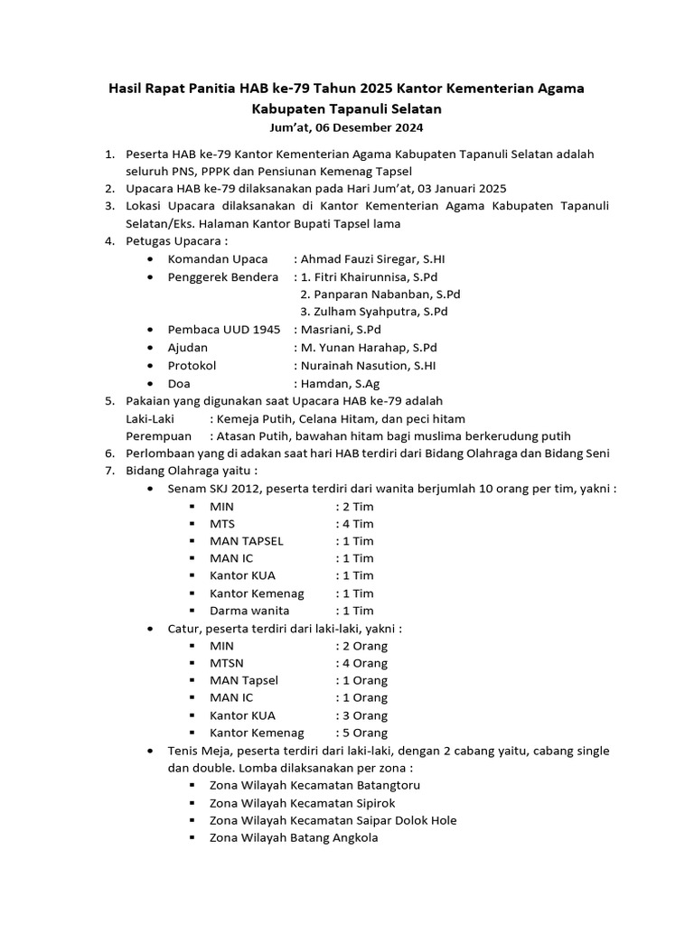 Hasil Rapat Panitia HAB Ke 79 - 06 Desember 2024 | PDF