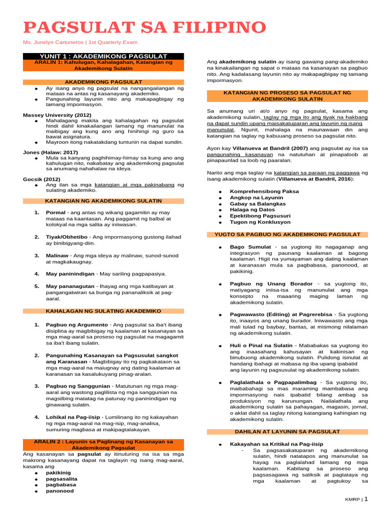 Pagsulat Sa Filipino Reviewer 1st Quarter | PDF