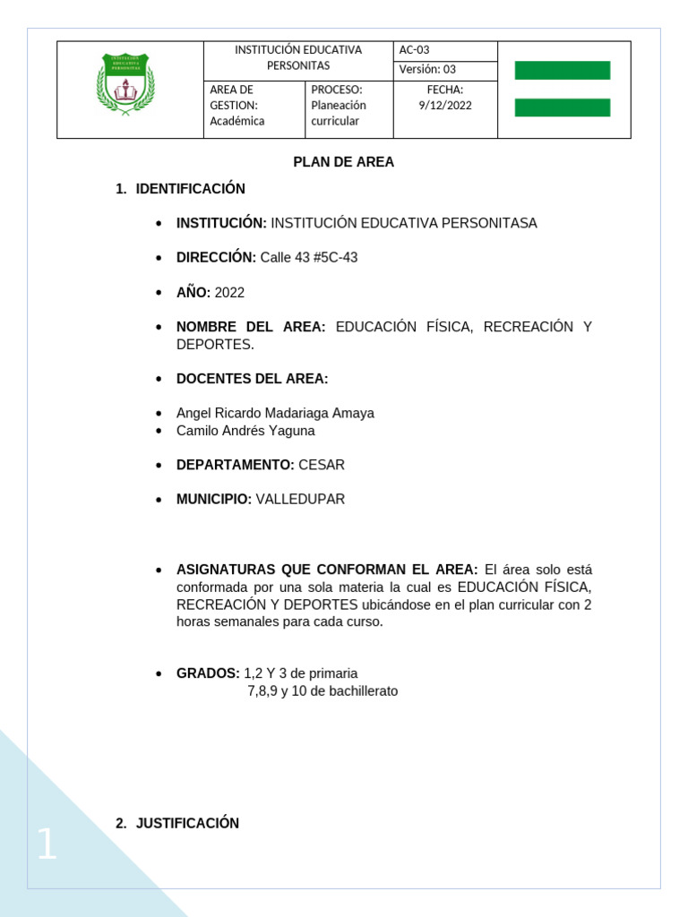 Plan De Area 1 Pdf Plan De Estudios Aprendizaje