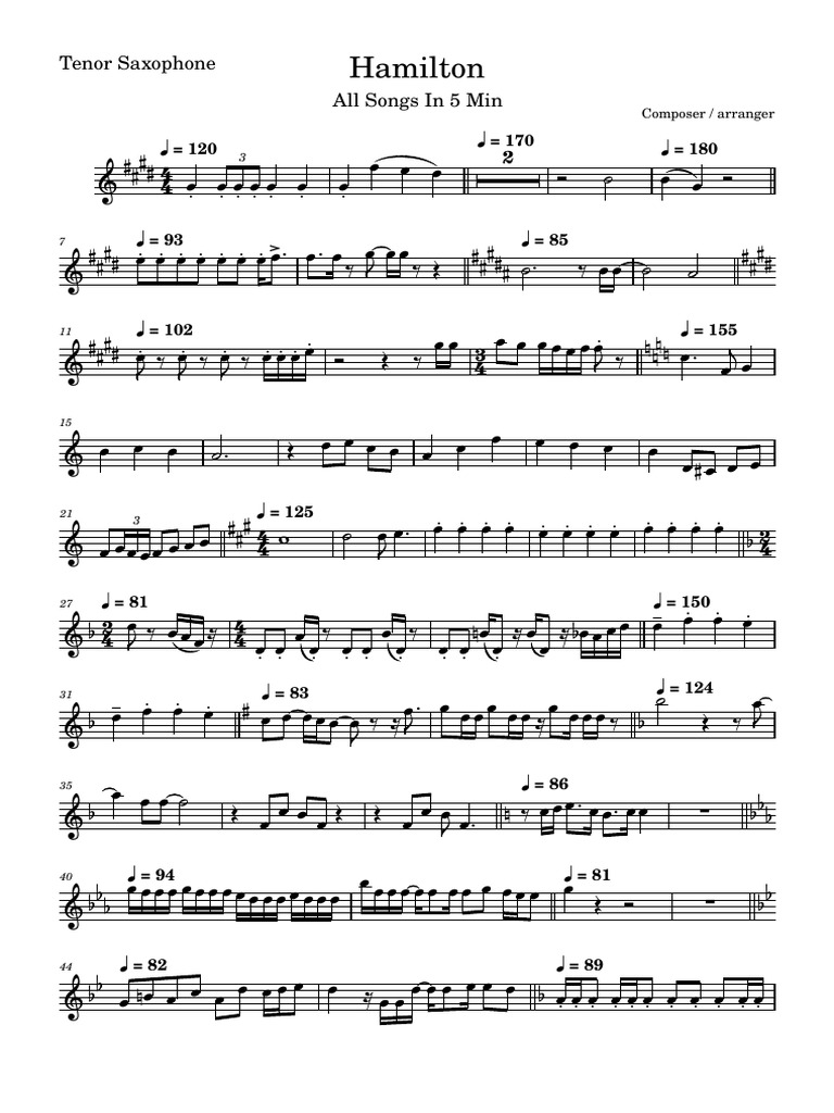 Hamilton: Tenor Saxophone All Songs in 5 Min | PDF | Saxophone