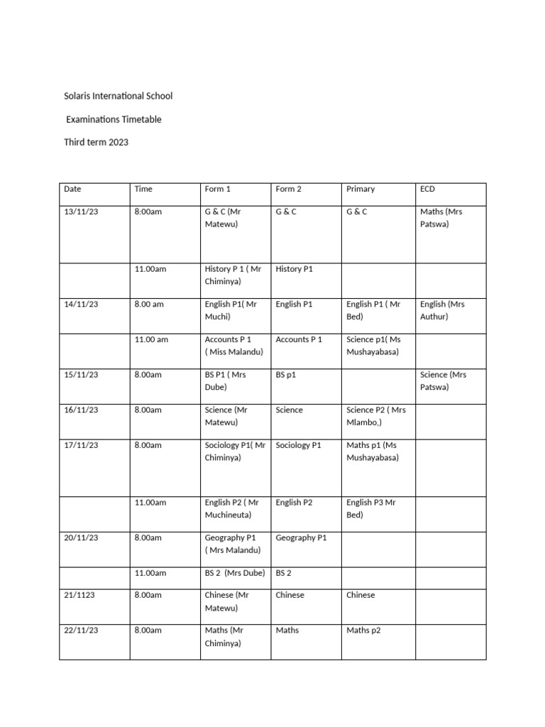 Examinations Timetable 3rd Term 2023 | PDF